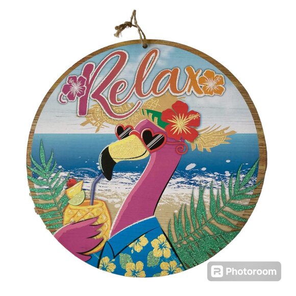 Accents | Relax Tiki Bar Sign Wall Door Flamingo Bird Island Flowers ...